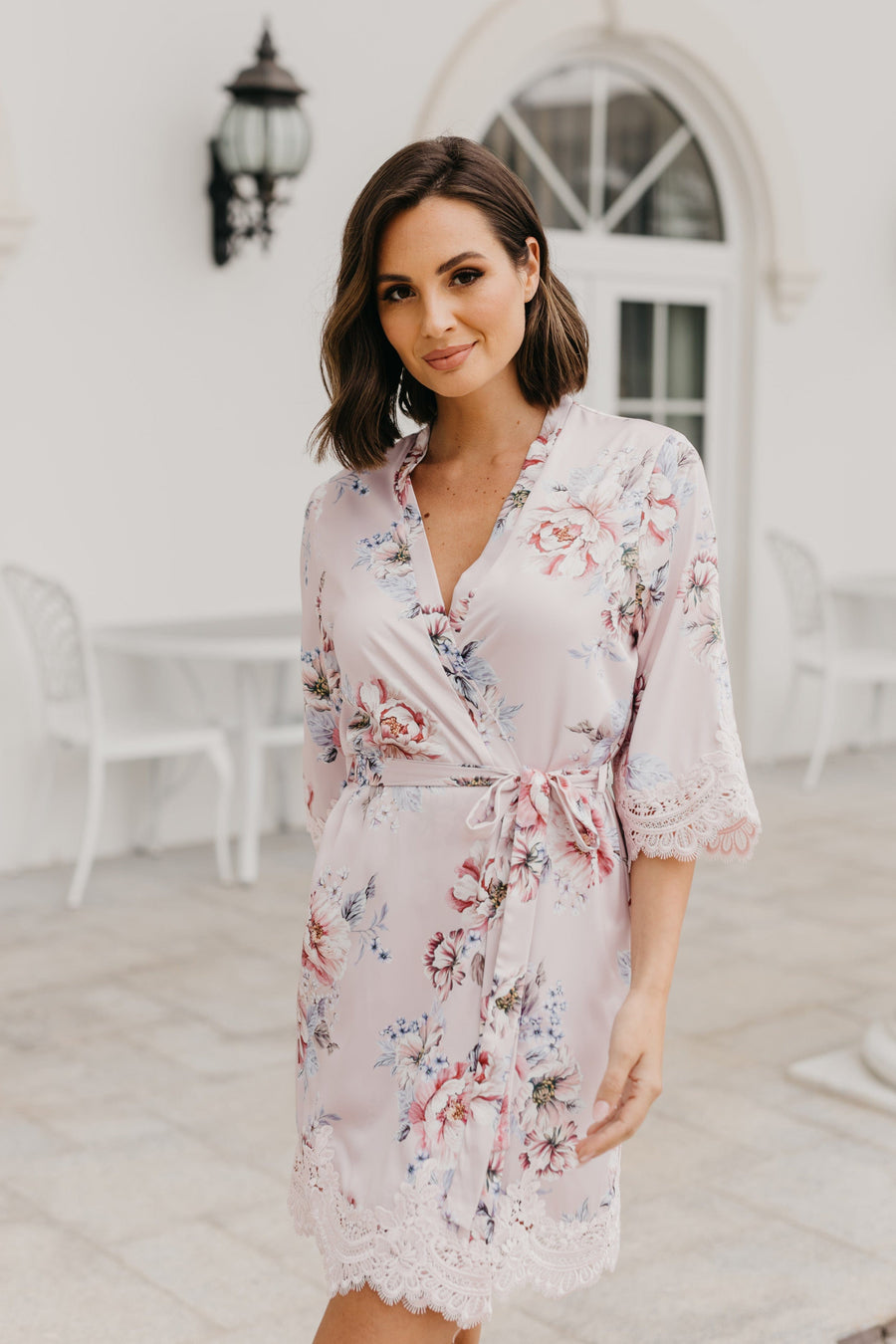 Serena Veiled Rose Printed Lace Trim Satin Robe – Lerose USA
