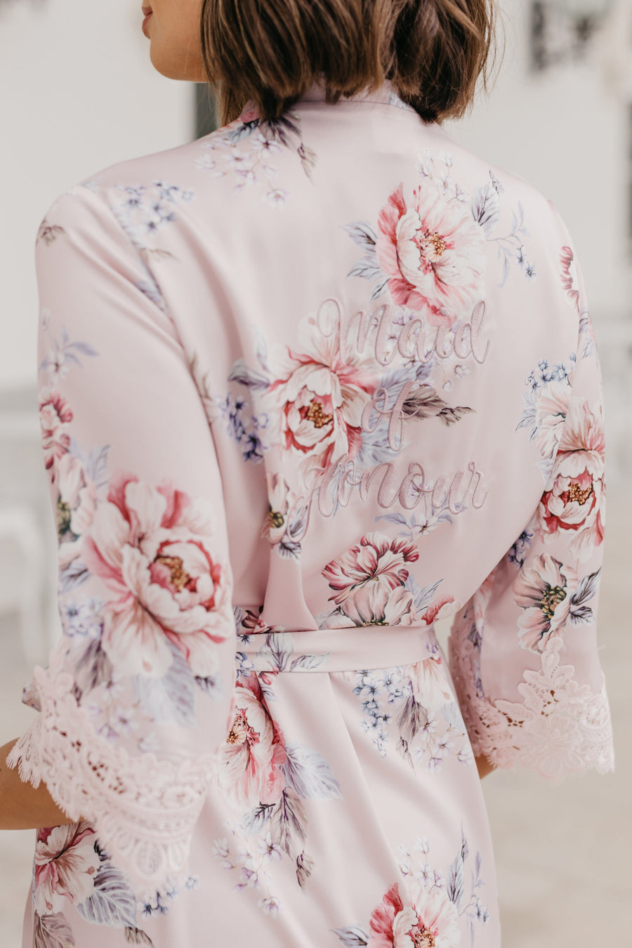 Serena Veiled Rose Printed Lace Trim Satin Robe – Lerose USA