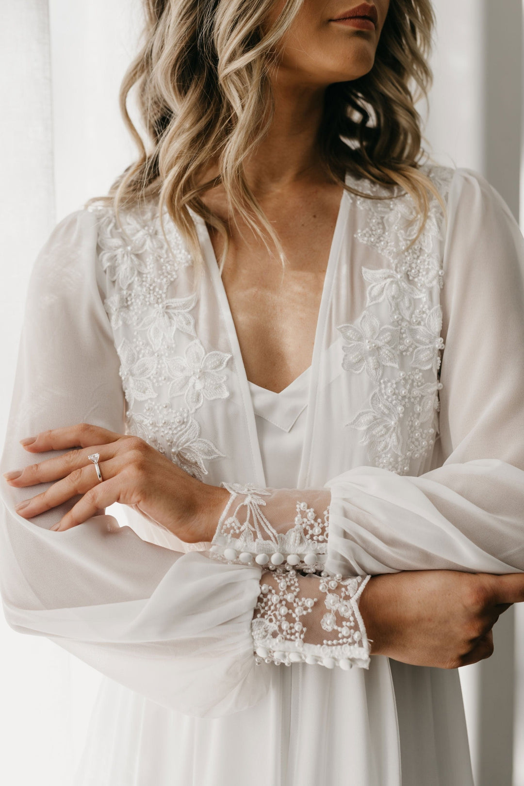 Lina Pearl Beaded Maxi | Lace Bridal Robe | Bridal Robe – Lerose USA